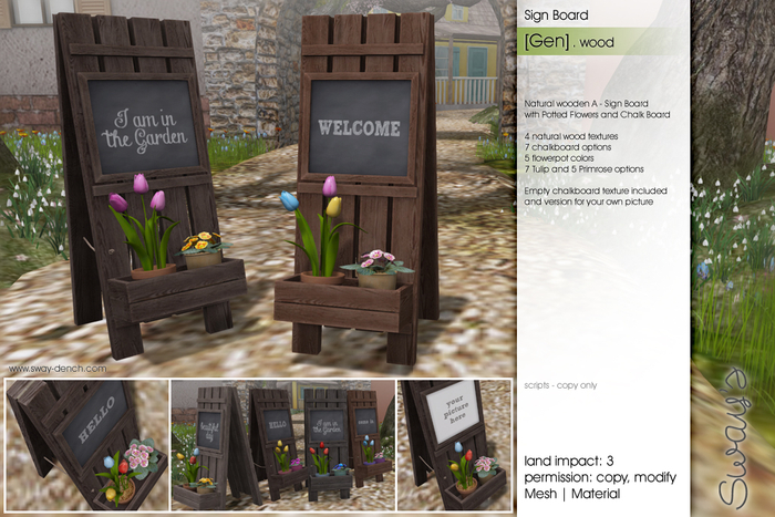 Second Life Marketplace - Sway's [Gen] Sign Board with Plants . Wood